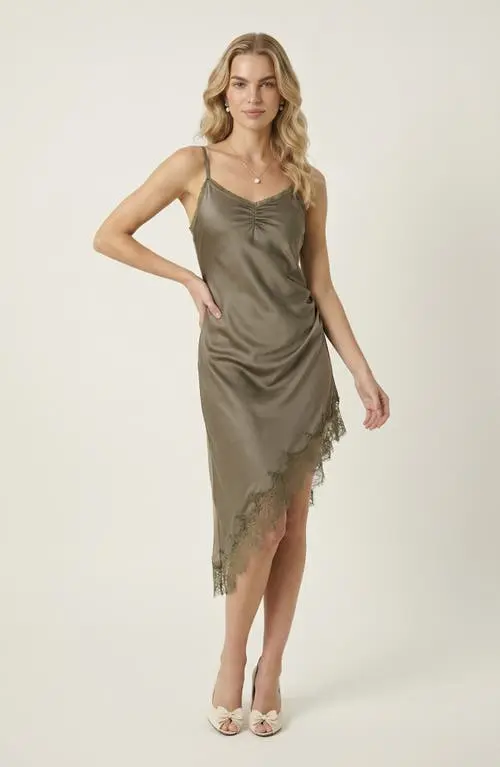 MODENAIRE Asymmetric Satin Slip Dress With Lace Trim - Beige