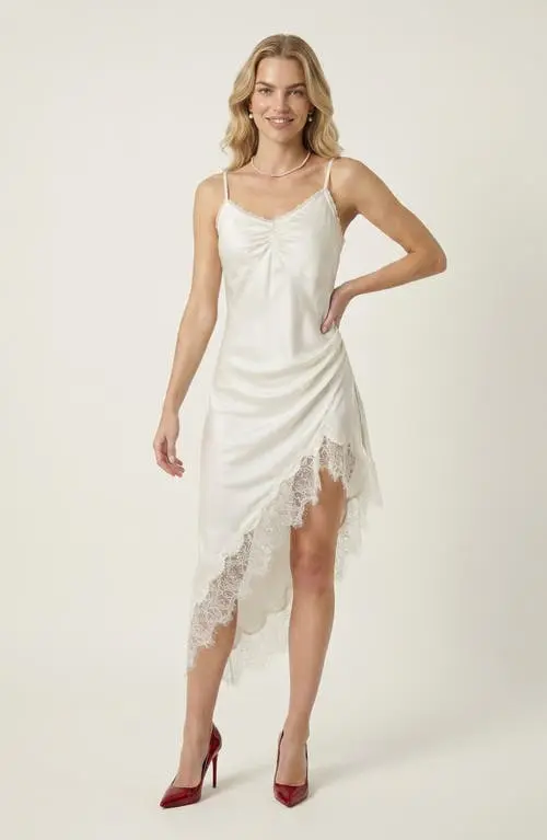 MODENAIRE Asymmetric Satin Slip Dress With Lace Trim - White