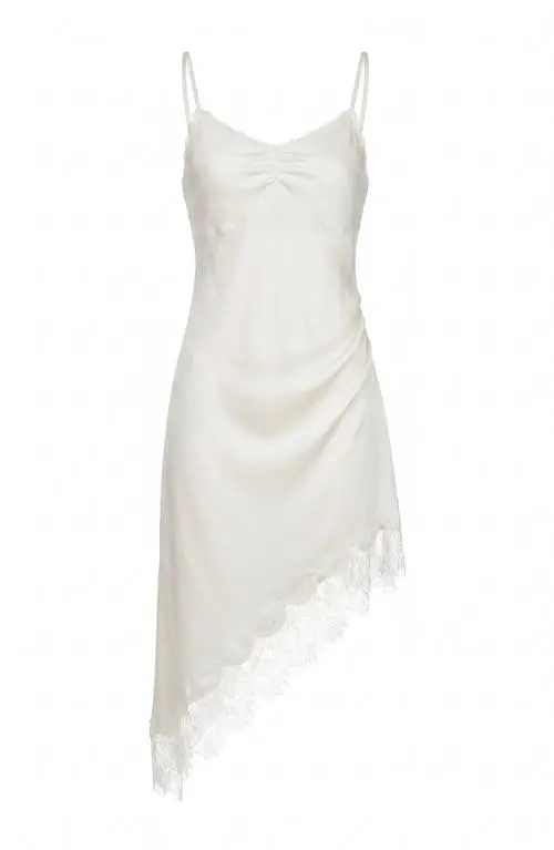 MODENAIRE Asymmetric Satin Slip Dress With Lace Trim - White
