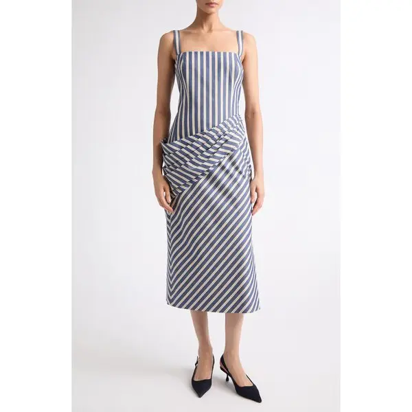 Carolina Herrera Stripe Draped Cotton Midi Dress - Blue Multi