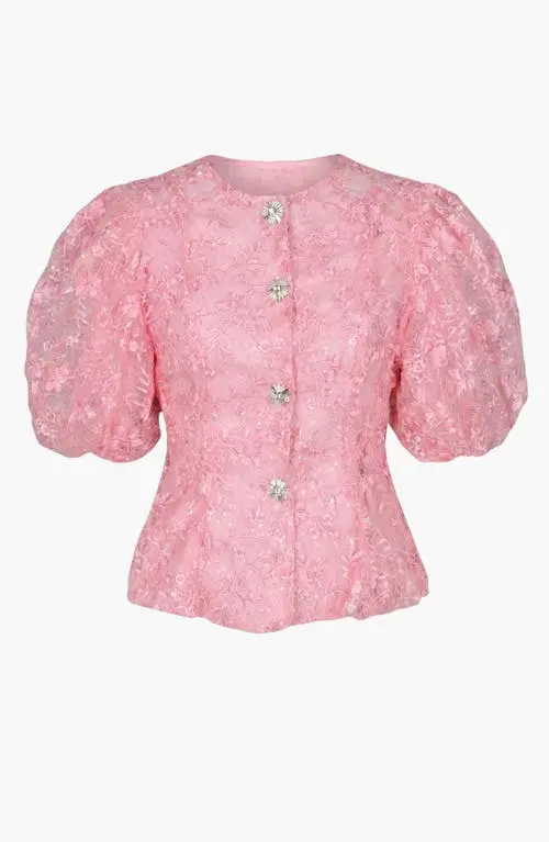 MODENAIRE Floral Lace Puff Sleeve Top - Pink