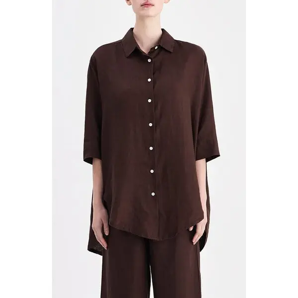 Nude Lucy Lounge Linen Longline Shirt - Chocolate