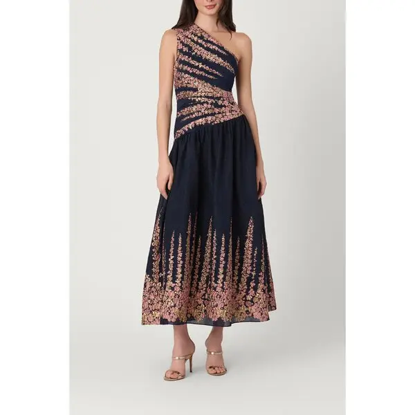 Shoshanna Lotus Border Jacquard Midnight Henderson Dress
