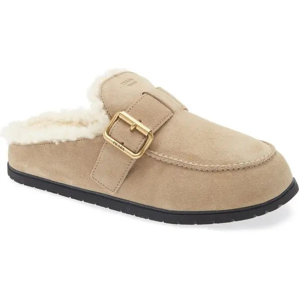 Prada Genuine Shearling Buckle Mule - Deserto