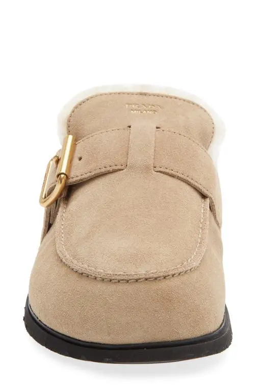 Prada Genuine Shearling Buckle Mule - Deserto