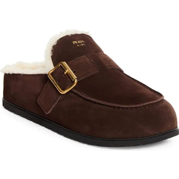 Prada Genuine Shearling Buckle Mule - Moro