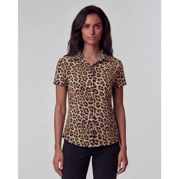 LORDS OF HARLECH Printed Merino Wool Short Sleeve Shirt - Leopard Brown