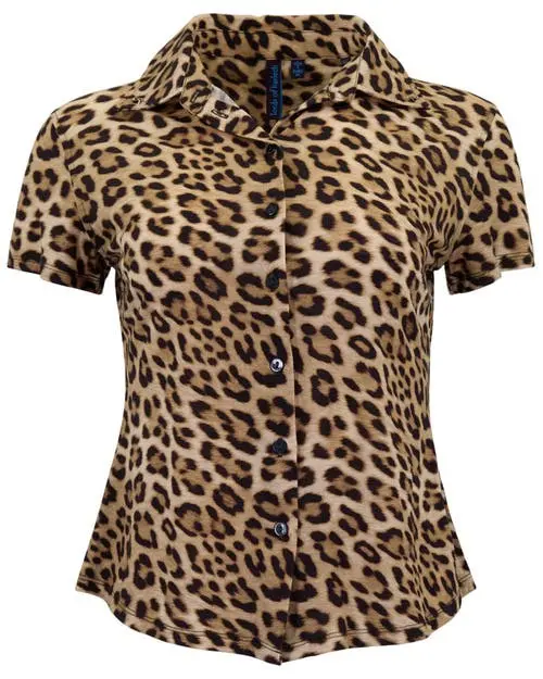 LORDS OF HARLECH Printed Merino Wool Short Sleeve Shirt - Leopard Brown