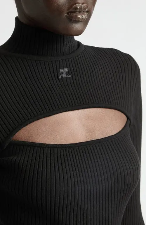 COURREGES Slash Mock Neck Rib Sweater - Black