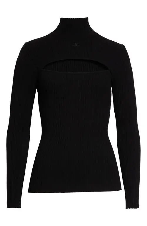 COURREGES Slash Mock Neck Rib Sweater - Black