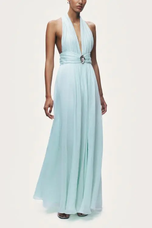 NOCTURNE Pleated Halterneck Maxi Dress With Brooch Detail - Mint Green