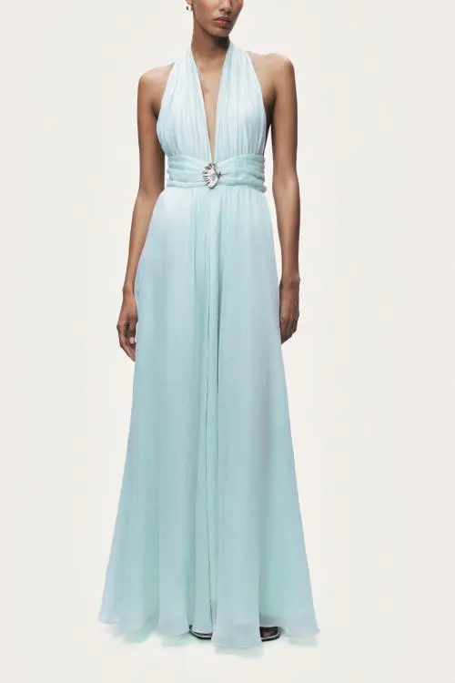 NOCTURNE Pleated Halterneck Maxi Dress With Brooch Detail - Mint Green