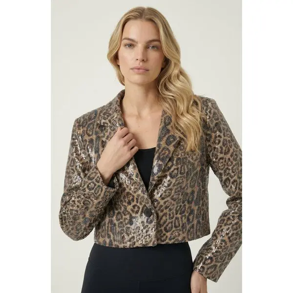 MODENAIRE Cropped Leopard Print Sequin Blazer - Tan