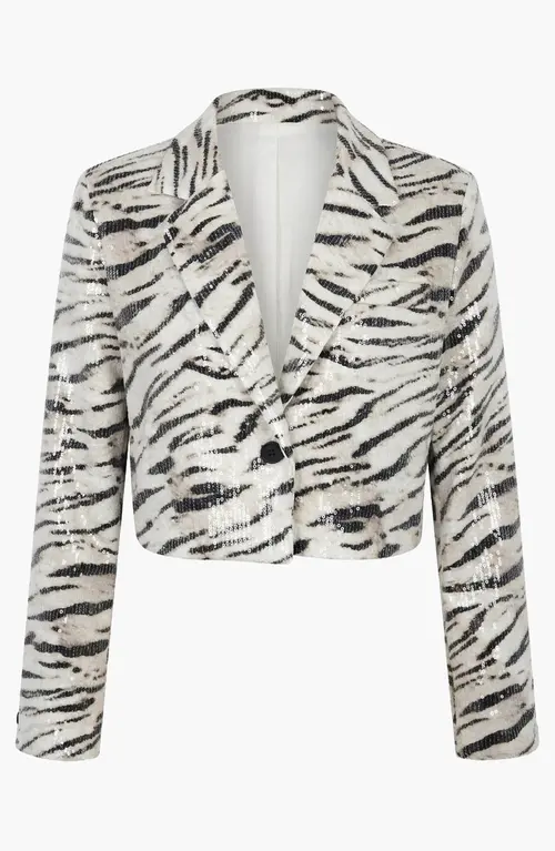 MODENAIRE Cropped Leopard Print Sequin Blazer - White