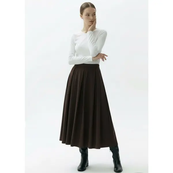 EXQUISE Jakayla Chic Pleated Midi Skirt - Brown