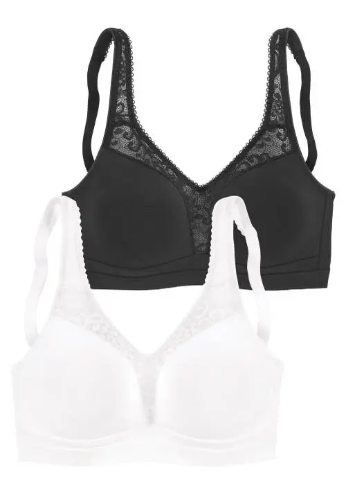 LASCANA 2 Pk Lace Wireless Bras - White & Black