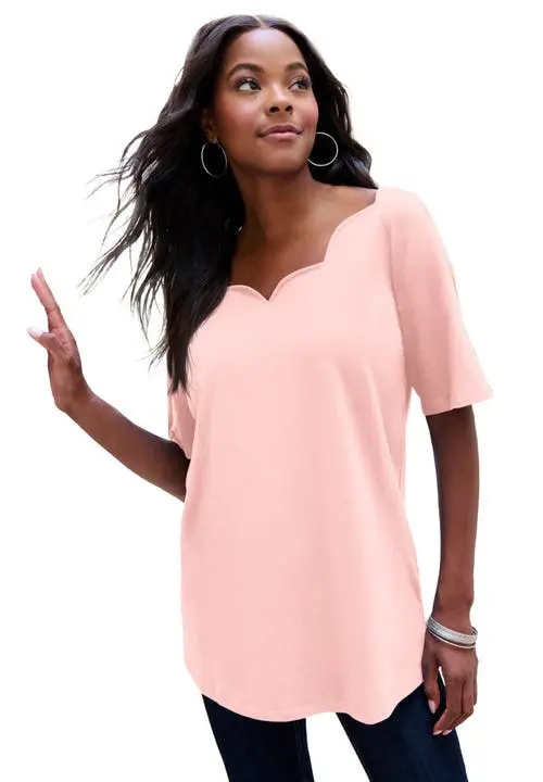ROAMAN'S Scalloped Neck Tee - Soft Blush