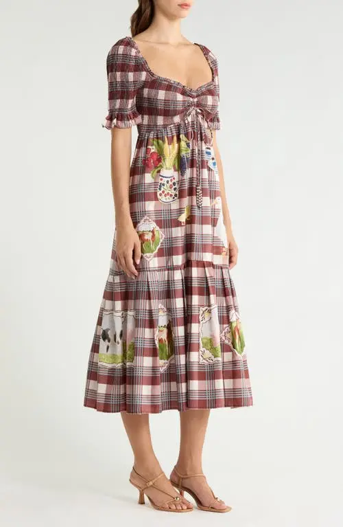 Farm Rio Tartan Plaid Midi Dress With Prints