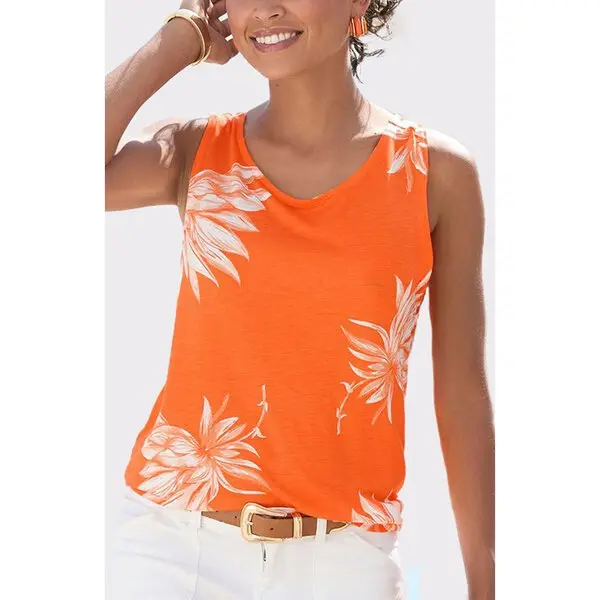 LASCANA Sleeveless Floral Print Tank Top - Orange Multi