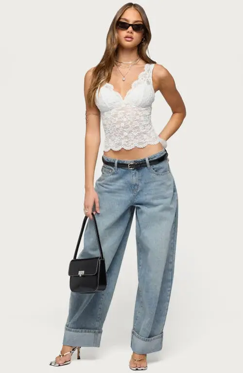 EDIKTED Lace Floral Sheer Crop Tank - White