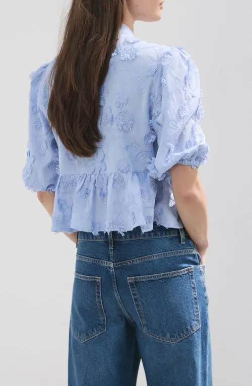 Mango Embroidered Puff Sleeve Peplum Top - Sky Blue