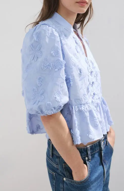 Mango Embroidered Puff Sleeve Peplum Top - Sky Blue