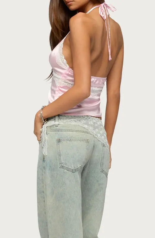 EDIKTED Cove Cutout Lace Trim Satin Halter Top