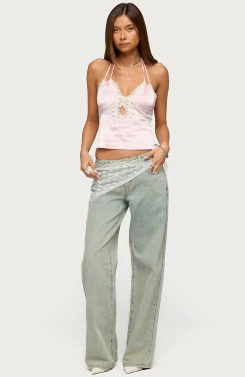EDIKTED Cove Cutout Lace Trim Satin Halter Top
