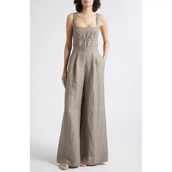 REISS Flora Square Neck Wide Leg Linen Jumpsuit - Neutral
