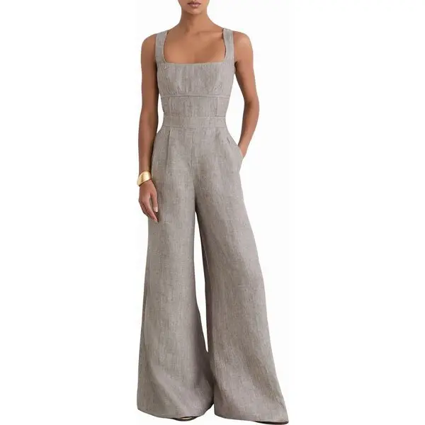 REISS Flora Square Neck Wide Leg Linen Jumpsuit - Neutral