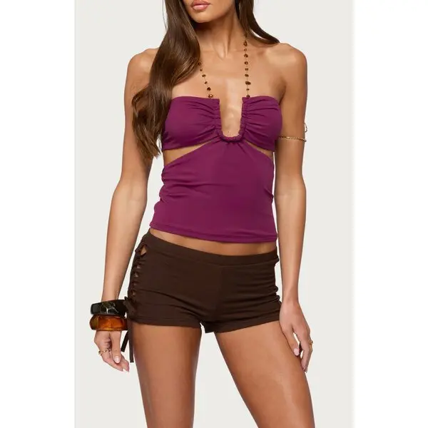 EDIKTED Delyth Stone Chain Halter Top - Plum