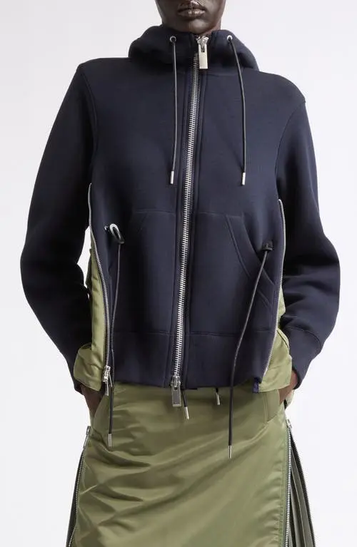 Sacai Mixed Media Scuba Knit & Nylon Twill Hoodie - Navy/khaki