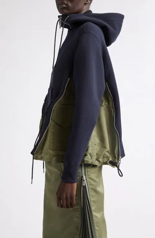 Sacai Mixed Media Scuba Knit & Nylon Twill Hoodie - Navy/khaki