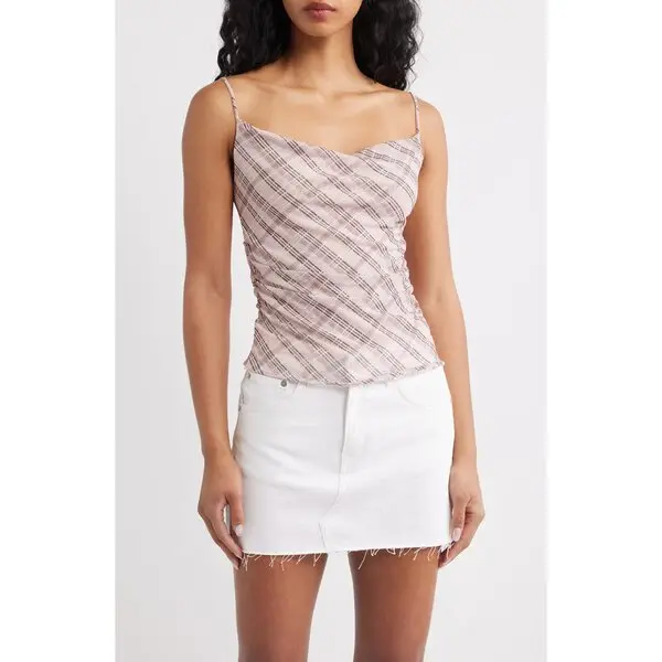 Mango Illo Plaid Cowl Neck Ruched Top