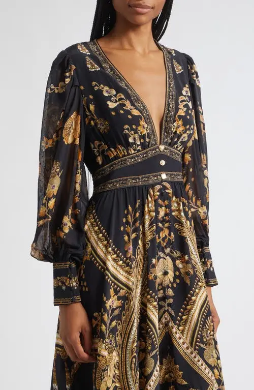 Camilla Long Sleeve Silk Maxi Dress With Crystal Embellishments