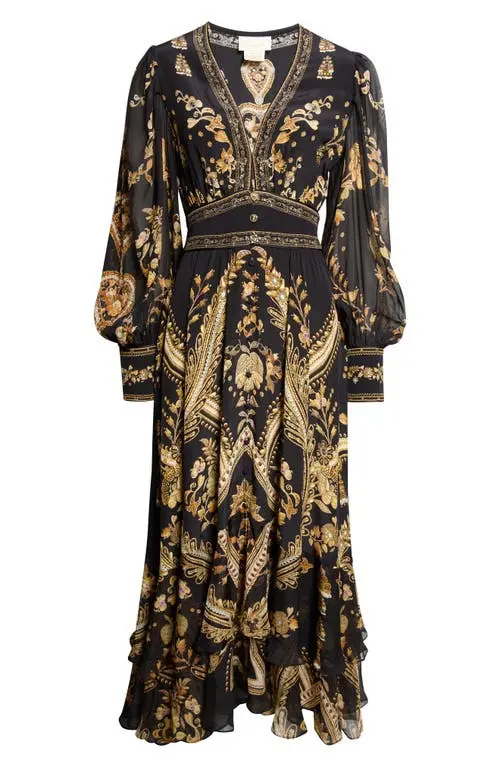 Camilla Long Sleeve Silk Maxi Dress With Crystal Embellishments