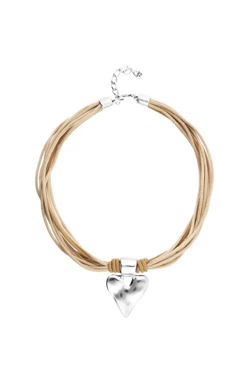 UNODE50 Silk Thread Blend Necklace With Leather And Heart Detail In Sterling Silver - Silver/beige