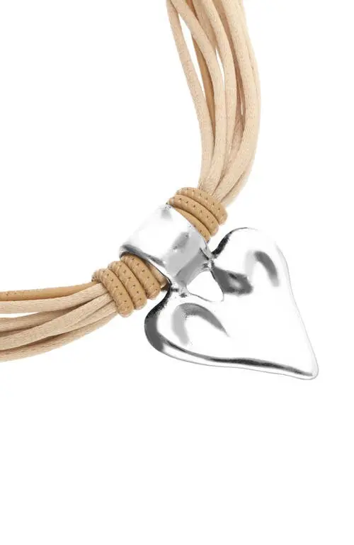 UNODE50 Silk Thread Blend Necklace With Leather And Heart Detail In Sterling Silver - Silver/beige