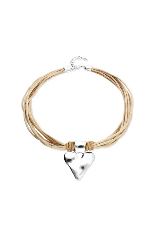 UNODE50 Silk Thread Blend Necklace With Leather And Heart Detail In Sterling Silver - Silver/beige