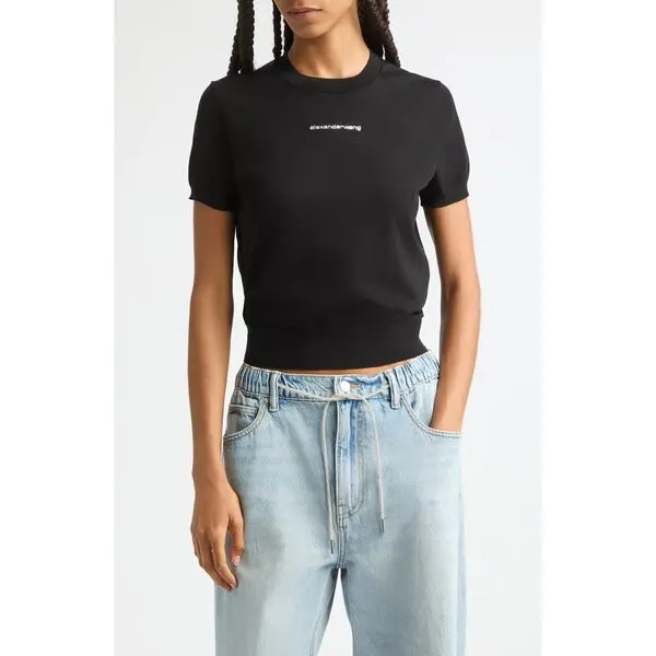 Alexander Wang Hotfix Logo Fitted Short Sleeve Sweater - Black