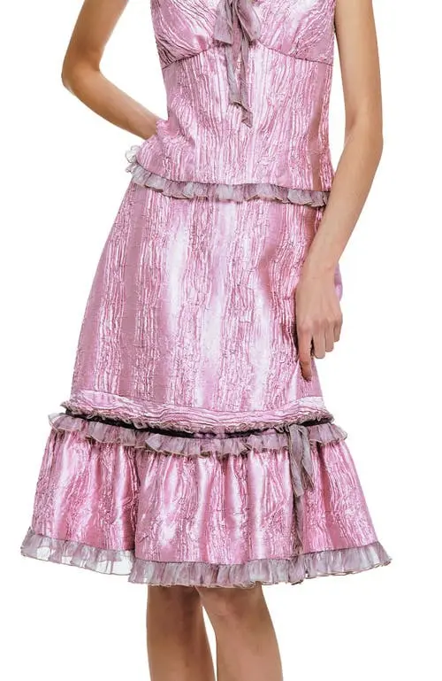 Anna Sui Crushed Satin Ruffle Midi Skirt