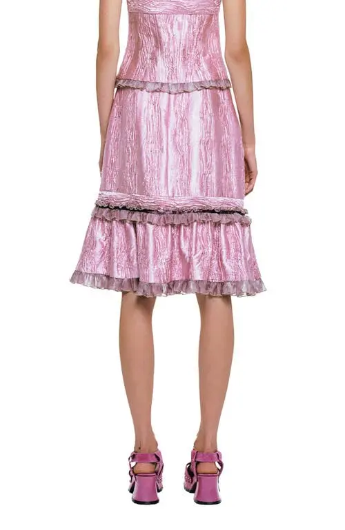 Anna Sui Crushed Satin Ruffle Midi Skirt