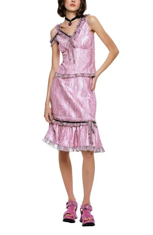 Anna Sui Crushed Satin Ruffle Midi Skirt