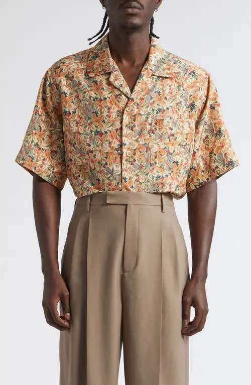 Valentino Garavani Papier Floral Short Sleeve Silk Poplin Button-up Shirt - Beige Multi