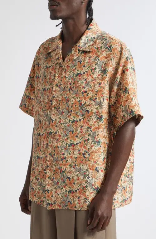 Valentino Garavani Papier Floral Short Sleeve Silk Poplin Button-up Shirt - Beige Multi