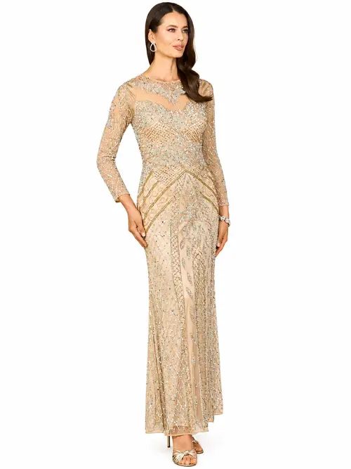LARA NEW YORK Illusion Neck Long Sleeve Gown