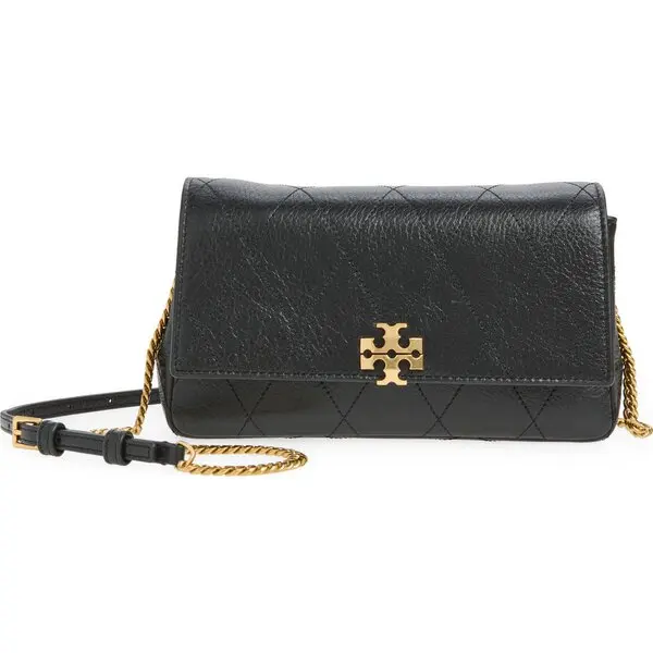 Tory Burch Charlie Quilted Leather Wallet On A Chain - Black