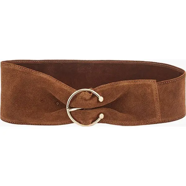 LASCANA Wide Suede Waist Belt With Gold Tone Buckle - Cognac