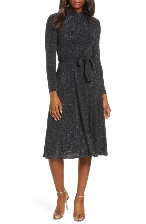 Eliza J Glitter Long Sleeve Mock Neck Dress - Black/silver