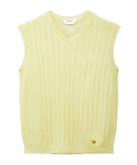Versace Viscose Mesh Ribbed Knit Top - Yellow